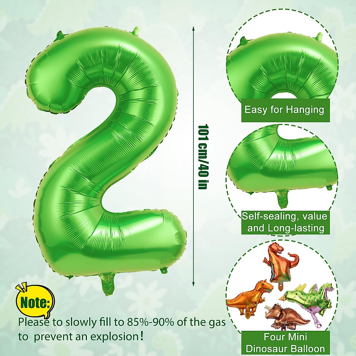 Dinosaur Balloon Set, 40 Inch Large Aluminum Foil Number Balloon with 4 Styles Cute Dinosaur Balloon Green Dinosaur Balloons for Birthday Party, Anniversary Theme Party Decoration (Number 2)