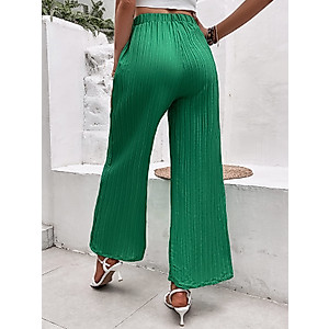 SweatyRocks Women's Boho Elastic Waist Pleated Pants Wide Leg Palazzo Pants Loose Trousers Solid Green XL