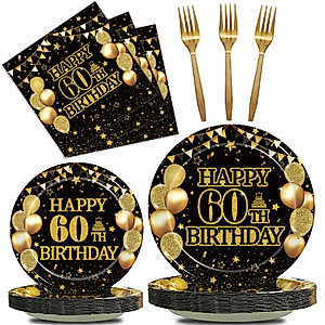 Kepeel 96Pcs 60th Birthday Party Tableware Set, Back in 1965 Birthday Party Decorations Supplies for Men Women Cheers to 60 Years Disposable Paper Plates Napkins Forks Favors, Serve 24