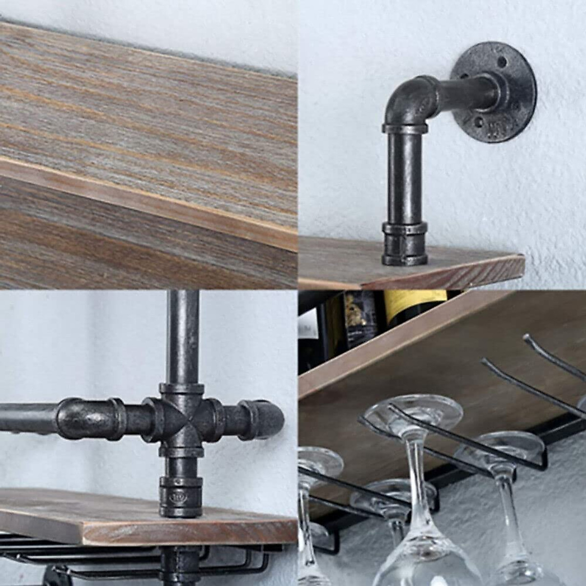 Industrial Pipe Shelf Wine Rack Wall Mounted, 3-Tier Rustic Floating Bar Shelves Wine Shelf with 9 Stem Glass Holder ,36in Real Wood Shelves Wall Shelf Unit