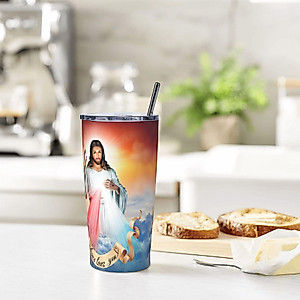 Worltoldb Jesus Christian 20oz Insulated Stainless Steel Tumbler With Lids And Straws Stainless Steel Double Wall Vacuum Insulated Travel Coffee Mug Leak-Proof Lid & Flip Lid For Hot And Cold Drinks