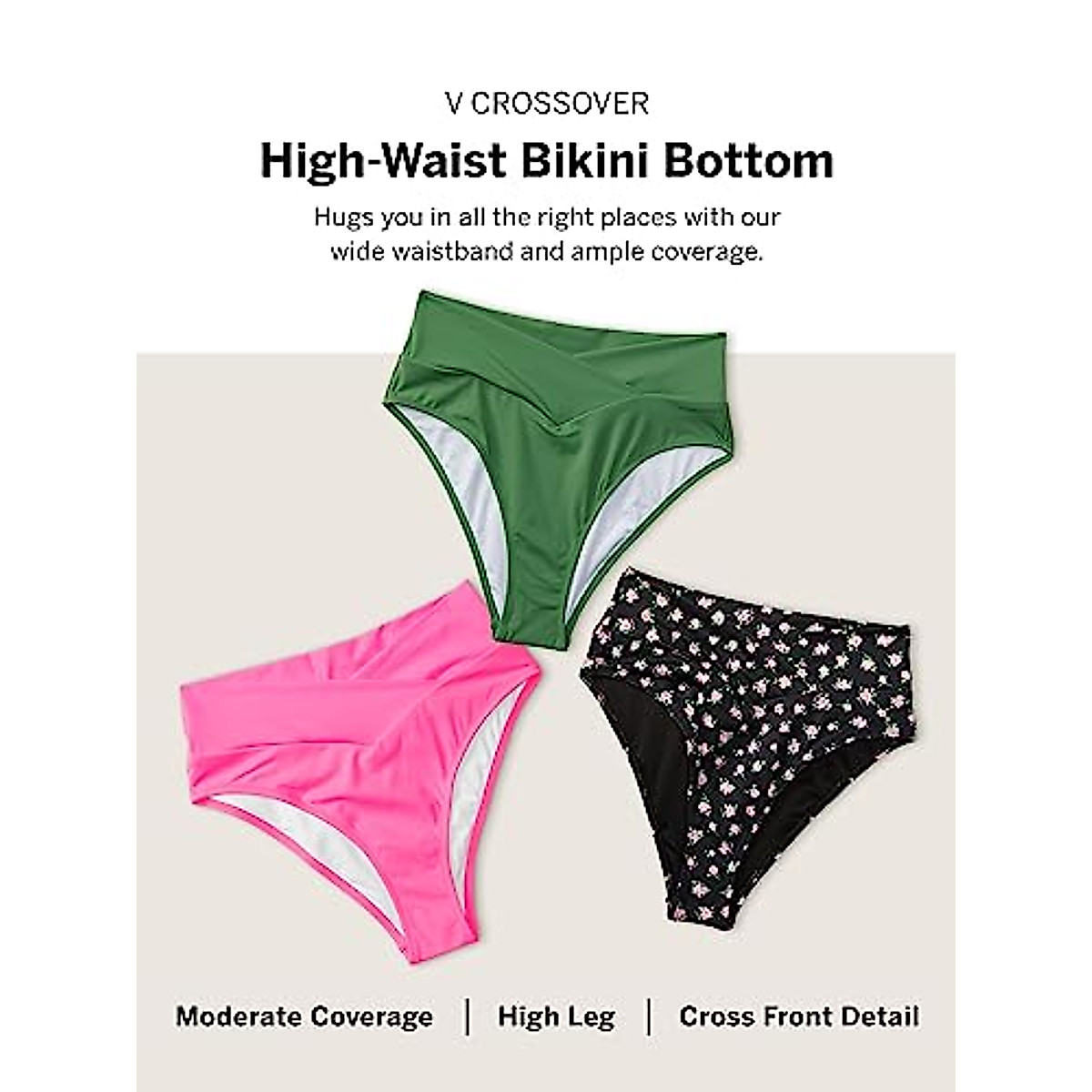 Victoria's Secret Pink V Crossover High Waisted Bikini Bottom, Swimsuit for Women, Moderate Coverage Bathing Suit Bottoms for Women, Morning Sky Floral (M)