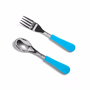 Avanchy Baby Spoons and Forks Stainless Steel and Silicone Set, Self Feeding Food Utensils, 4 Months Baby Led Weaning, 2 Pack, Blue Spoon, Fork