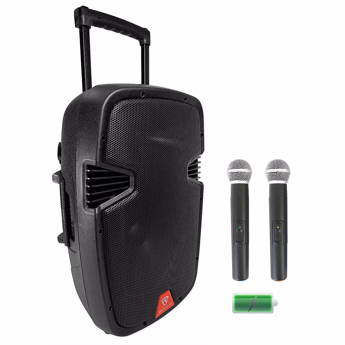 Rockville RAM12BT 12" 600W Rechargeable PA Speaker with Bluetooth, Deep Bass, Includes 2 Wireless Mics, TWS Linking, USB/SD Inputs, - Perfect for Mobile DJ and Musicians, Small Venues, Events