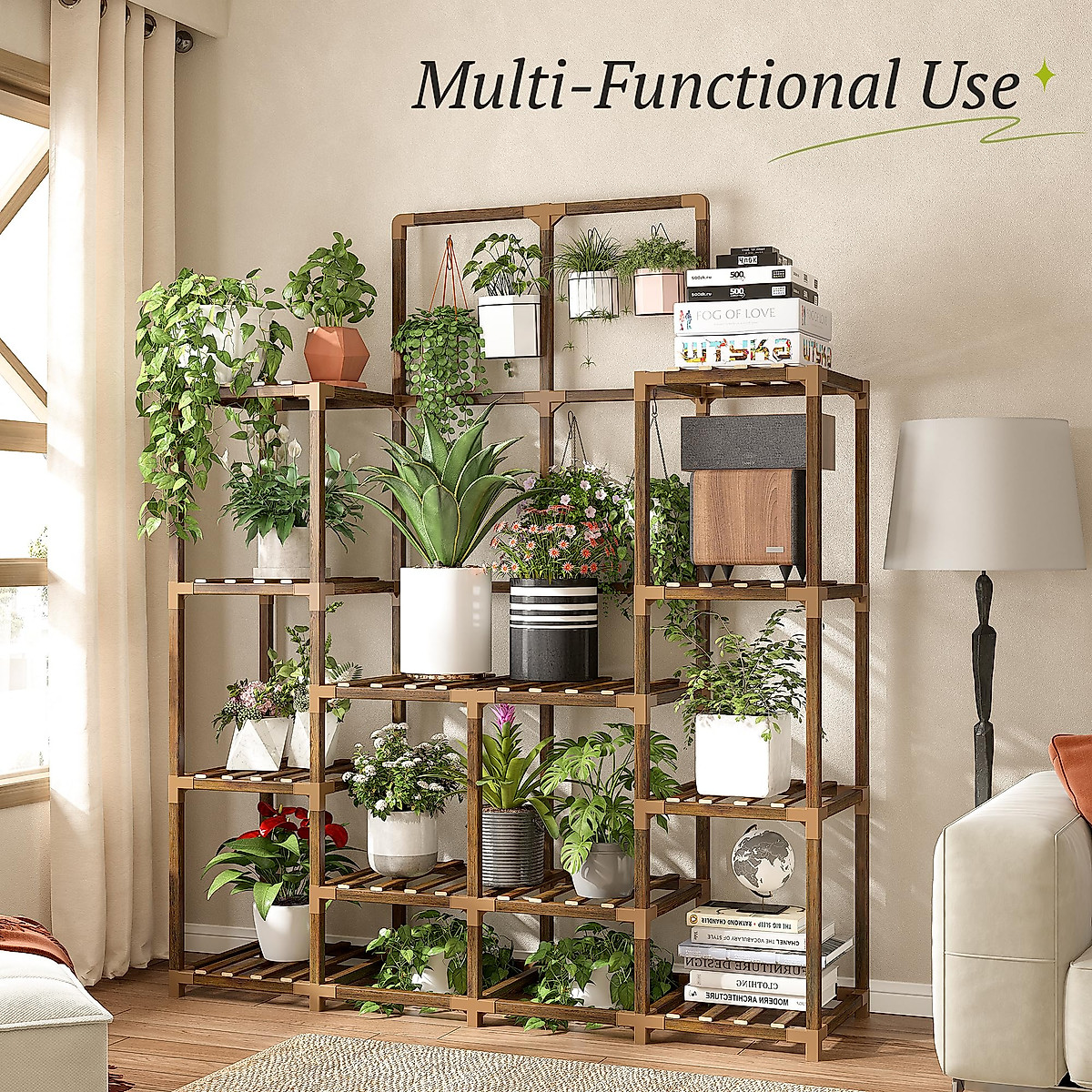 EnHomee Plant Stand Indoor Large Plant Stands Outdoor Wood Tiered Plant Shelf For Multiple Plant, Tall Plant Stand 6 Tiers with 12 Potted Plant Holder Tables Large Plant Rack, 44.9"W x 11.8"D x 62.2"H