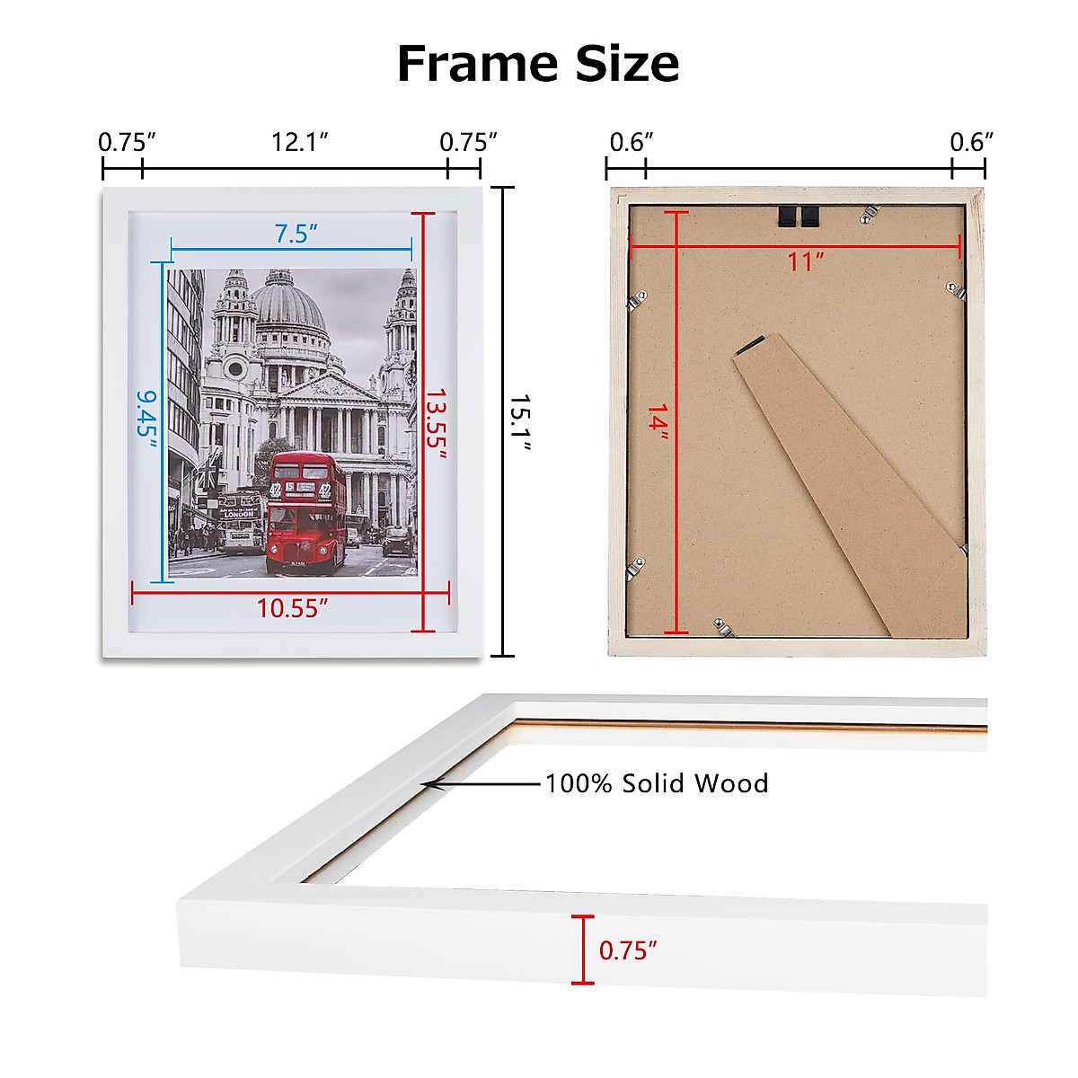 11x14 Picture Frame Set of 6, Display Pictures 8x10 with Mat or 11x14 without Mat, Tabletop Display and Wall Hanging, Made of Solid wood, Classic photo Frame for Wall Gallery Home Decor, White