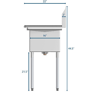 KoolMore 1 Compartment Stainless Steel NSF Commercial Kitchen Prep & Utility Sink with 2 Drainboards - Bowl Size 14" x 16" x 11", Silver