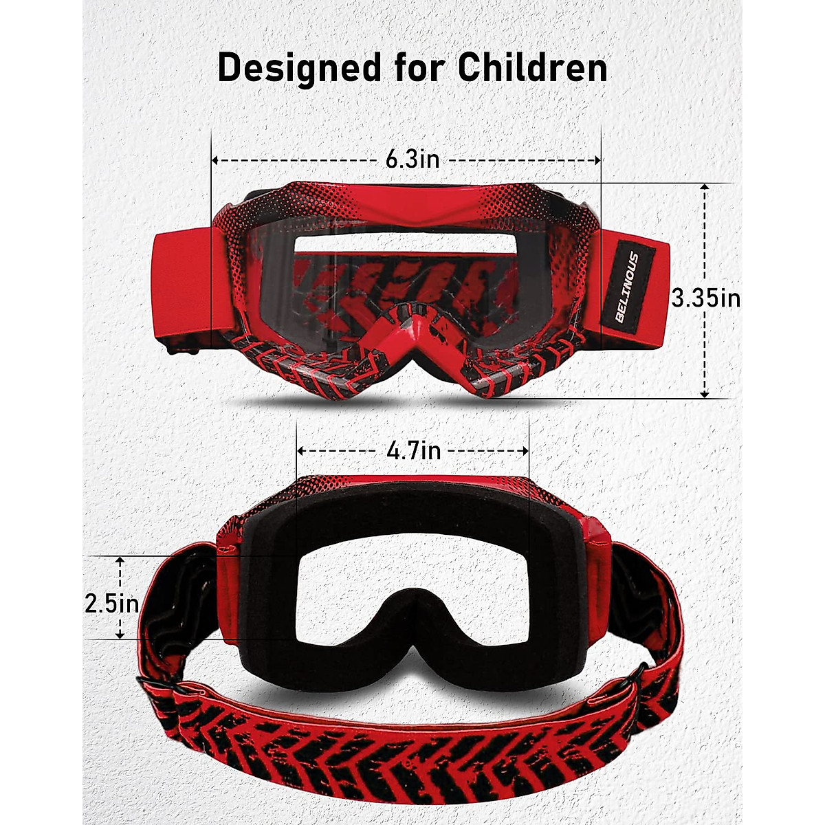 BELINOUS Kid Riding Goggles for ATV Dirt Bike Motorcycle Motorcross MX, UV Protectioin, Youth Dirt Bike Goggles for Kids 3-12 with Soft Strap, Red