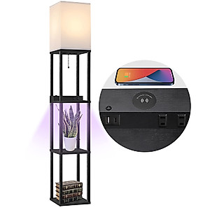 Floor Lamp with Shelves for Living Room, Shelf Floor Lamp with LED Grow Light, Wireless Charging Station, USB Port and AC Outlet, Modern Standing Light Column Floor Lamp Tower Nightstand for Bedroom