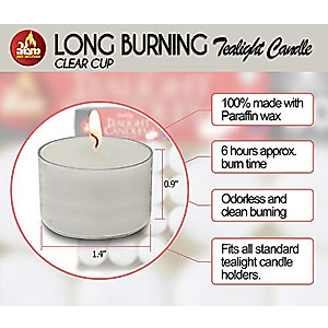 Ner Mitzvah Long Lasting Tealight Candles - 6 Hours - White in Clear Cups - Unscented - 40 Pack - Made in EU