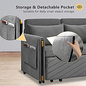 Lyromix 3 in 1 Sofa Bed for Living Room, Convertible Loveseat Sleeper Full Size, Velvet Pull Out Couch with 2 Pillows & Detachable Storage Bag, Grey
