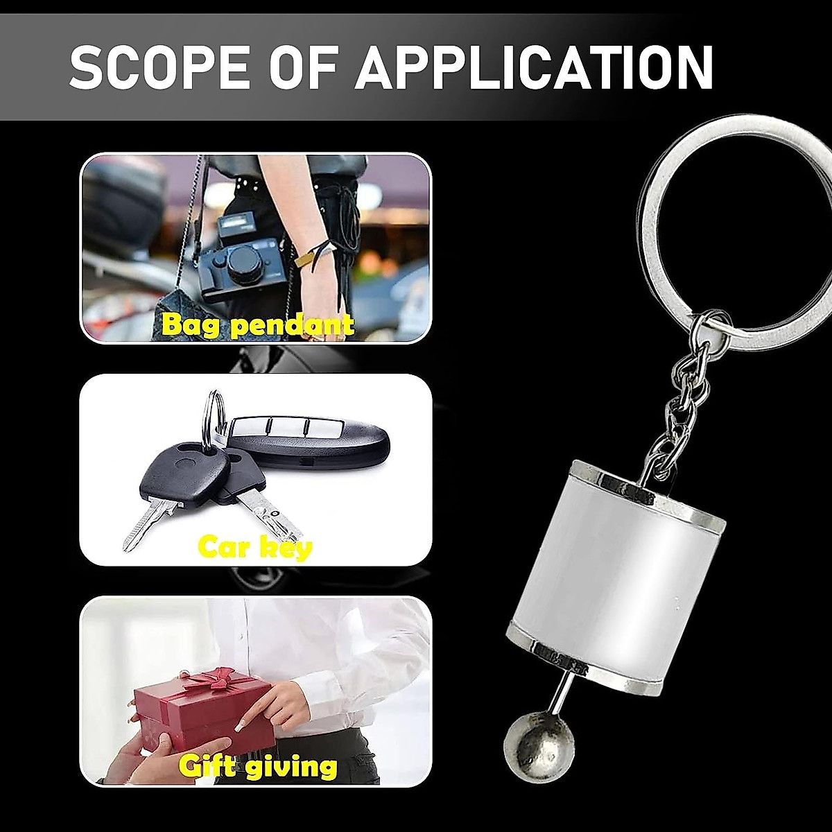 gunhunt 1 PC Car Shifter Keyring, 6 Speed Gear Key Clip, Universal Polished Metal Collectible Key Chain Creative Model (Silver)