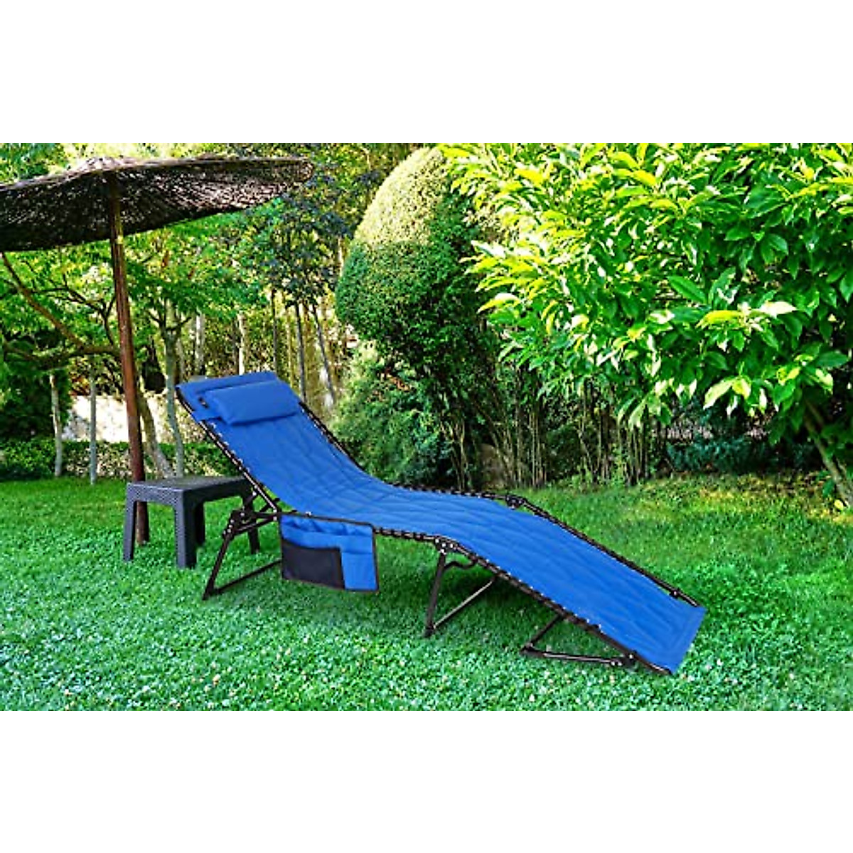 ALPHA CAMP Outdoor Folding Chaise Lounge Chair Support 400 LBS for Beach Lawn Pool Tanning Deck Camping, 5-Position Reclining Patio Chairs with Pillow, Blue