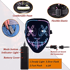 Halloween Purge Mask Light Up Scary Mask EL Wire LED Mask for Festival Party Gifts (Blue-Pink)
