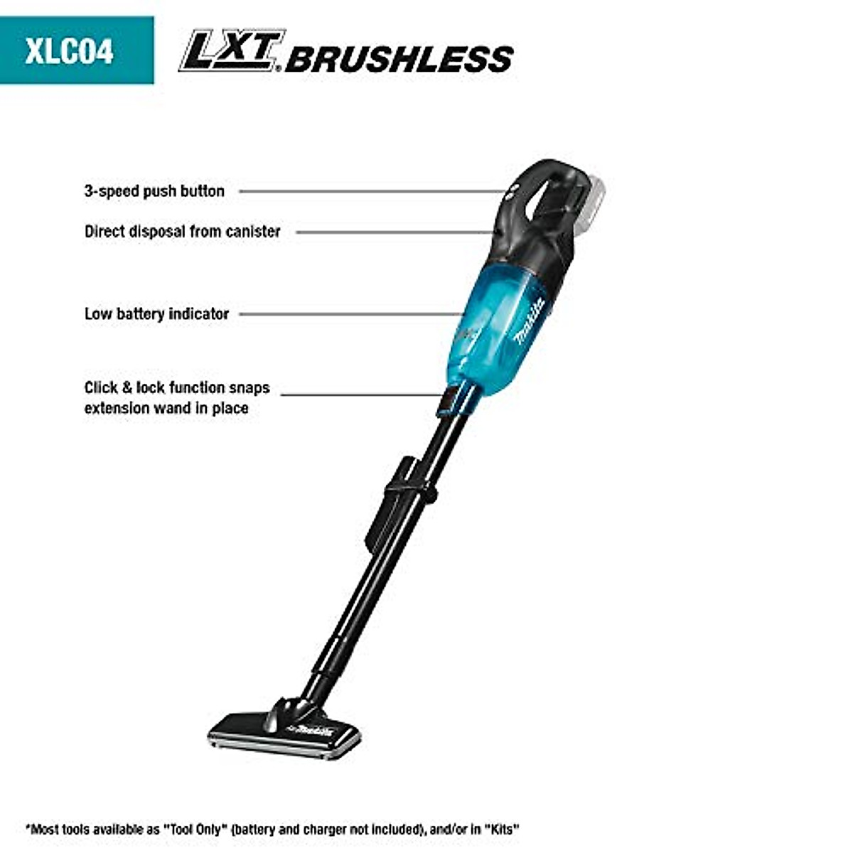 Makita XLC04ZBX4 18V LXT Lithium-Ion Brushless Cordless 3-Speed Vacuum, W/Push Button, Tool Only