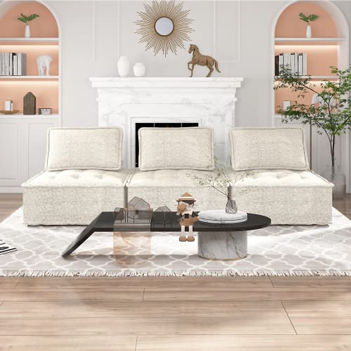 CECER Modular Sectional Sofa Couch, Armless Floor Sofa Couch, Convertible 3 Seats Sofa Bed, Oversized Variable Sectional Sofa Couches for Living Room, Free Combination 3 PC, Beige