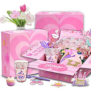 Party Spot! 208 PCS Princess Birthday Party Decorations For Girl, 12 Tableware Sets, Castle Balloons, Balloon Arch, Disposable Paper Plates, Backdrop, Balloon Pump, Princess Party Decorations