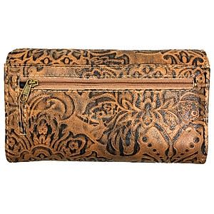 Zelris Women Western Floral Damask Pattern Medallion Crossbody Wrist Trifold Wallet (Tan)