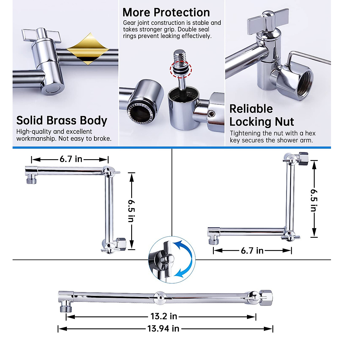 G-Promise Rain Shower Head with 13" Adjustable Extension Arm | High Pressure All Metal Rainfall Showerhead | 10" Luxury Modern Look Square Large Waterfall Showerhead (Chrome)