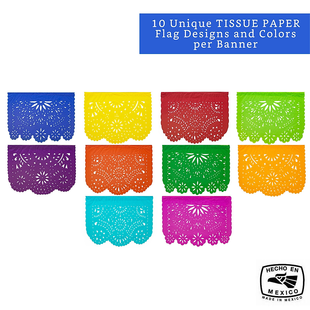 Mexican Party Banners (5 Pack - 10 Tissue Paper Flags per Banner/NOT Plastic) - Papel Picado Banner - Mexican Themed Party Decorations - Papel Picado Mexicano para Fiesta - Fiesta Party Decorations