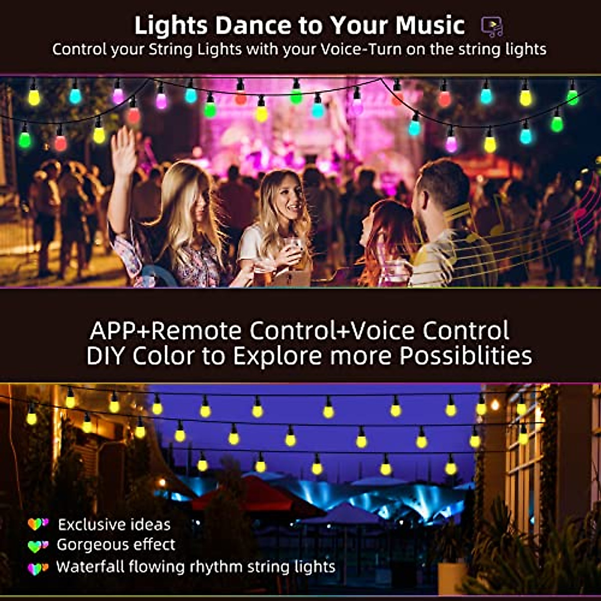 Smart Outdoor String Lights with 30 Dimmable RGB LED Bulbs, 74ft Color Changing Light Waterproof S14 Shatterproof Patio Lights with App Control & Remote for Porch Backyard Cafe Gazebo Lighting Decor