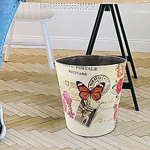 Zerodeko Small Waste Basket Leather Trash Can Wastebasket Waste Paper Bin Vintage Butterfly Flower Pattern Waste Bucket Garbage Can for Home Office Studio Bathroom Bedroom 10L Waste Paper Basket