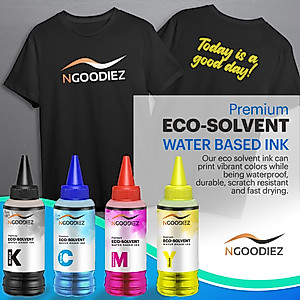 NGOODIEZ Eco Solvent Ink - Water Based Printer Ink, Fast Drying Refill Ink Bottle for Epson EcoTank, & WF Series Printers - Ideal for HTV, Vinyl Stickers, Decals, T-Shirts, Mugs (1B/1C/1Y/1M, 400ml)