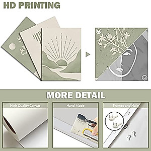 Minimalist Boho Wall Art Set of 3, Abstract Wall Art Mid-Century Modern Art Print, Sage Green Neutral Geometric Canvas Artwork Posters for Living Room, Bedroom, Bathroom, Gallery, Boho Room Decor 12"x16", Framed