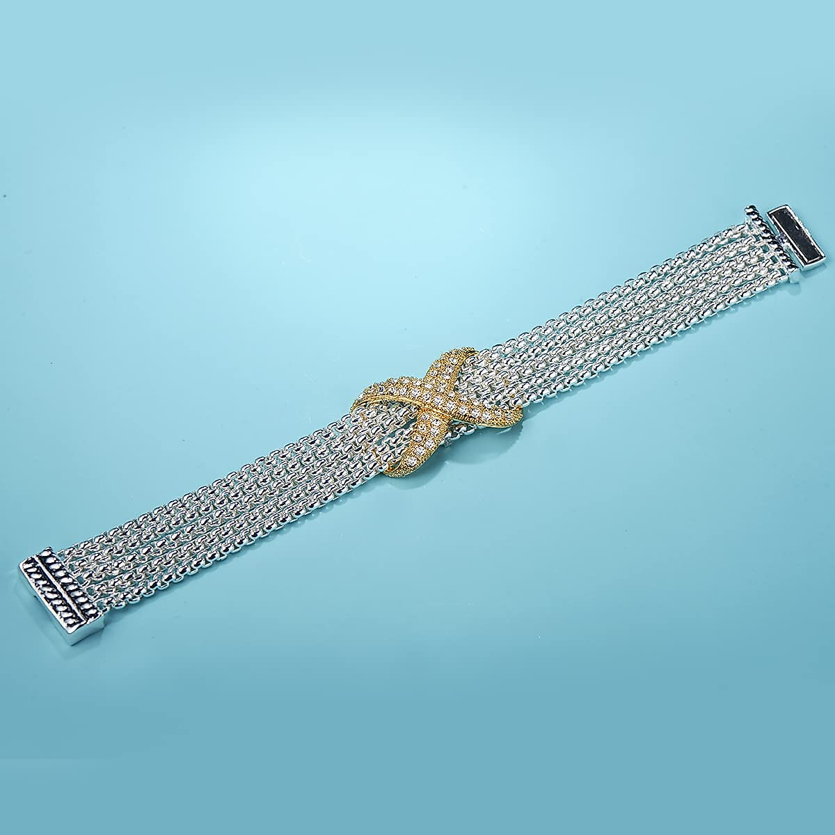 UNY JEWEL Jewelry X Bar 5 Strand Box Chain Magnetic Clasp Wide Bracelet Designer Inspired Christmas Day Gifts (Two Tone 6.50 Inch)