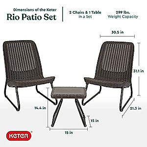 Keter Rio 3 Piece Resin Wicker Patio Furniture Set with Side Table and Outdoor Chairs, Brown & DC America UBP18181-BR 18-Inch Cast Stone Umbrella Base, Bronze Powder Coated Finish