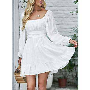 Dokotoo Square Neck Summer Dress for Women 2025 Tie Back Elastic Waist Lantern Long Sleeve Dress Ruffle A-Line White Dress Casual Sexy Mini Dress Beach Vacation Clothes Small White