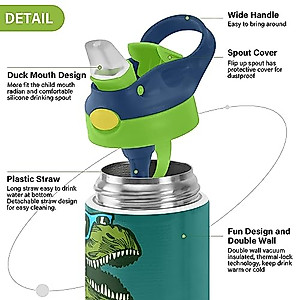 Kigai Green Dinosaur Glasses Kids Water Bottle, Insulated Stainless Steel Water Bottles with Straw Lid, 12 oz BPA-Free Leakproof Duck Mouth Thermos for Boys Girls