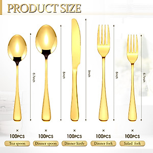 Dandat 500 Pcs Stainless Steel Flatware Set Service for 100 Guest, Cutlery Utensil Set, Include Fork Knife Spoon for Guest Dinner Home Kitchen Wedding Holiday Halloween Christmas Party (Gold)
