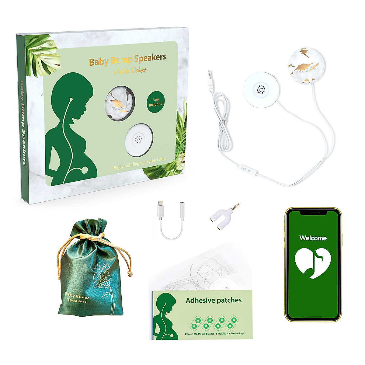 Baby Bump Headphones Marble Deluxe, Plays and Shares Music, Sound and Voices to The Womb, Prenatal Speaker, Including bebon Tunes APP (Marble Gold)