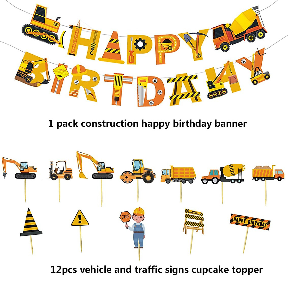 Construction Birthday Party Supplies, 58 Pack Dump Truck Birthday Decorations with Foil Latex Balloons, Paper Tassels, Flower Balls, Cupcake Toppers, Vehicle Banner for Kids Boys Grils Birthday