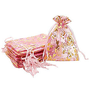SumDirect Pink Drawstring Organza Bags - 100Pcs 4×5 Inches Pink Rose Sheer Jewelry Gift Bags, Small Mesh Candy Bags for Wedding Party Festival