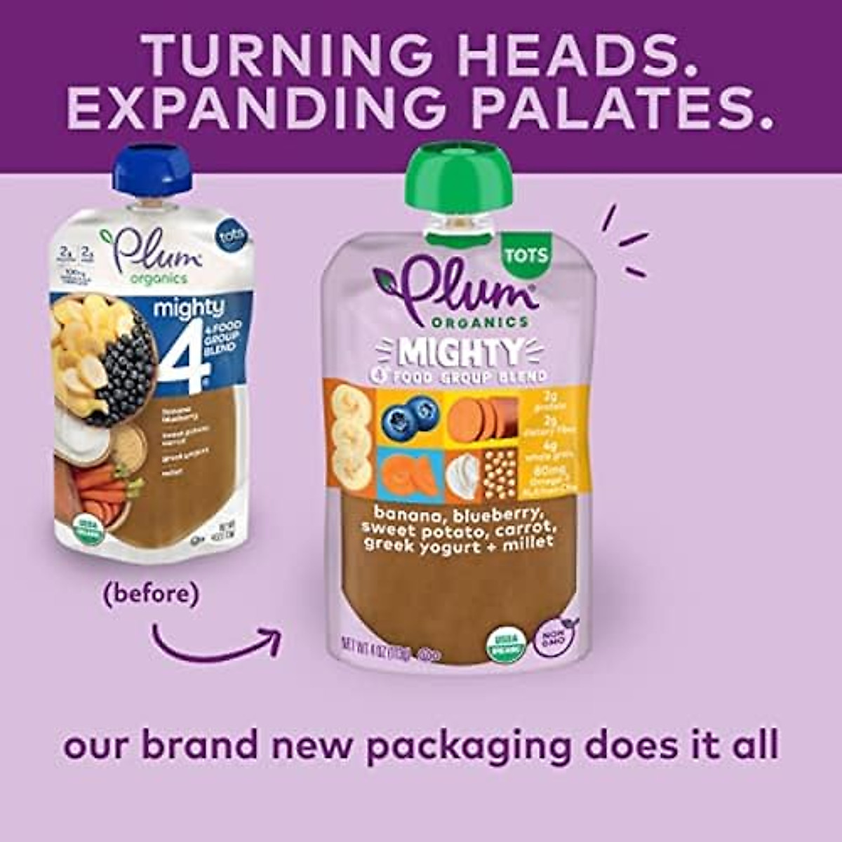 Plum Organics Mighty 4 Organic Toddler Food - Banana, Blueberry, Sweet Potato, Carrot, Greek Yogurt, and Millet - 4 oz Pouch (Pack of 12) - Organic Fruit and Vegetable Toddler Food Pouch