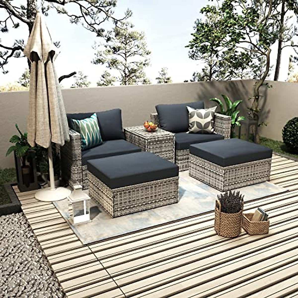 CHINNLUU 5 Pieces Patio Furniture Set Outdoor Wicker Patio Sofa Washable All-Weathe Sectional Conversation Set with Cushion and Glass Table (Grey)