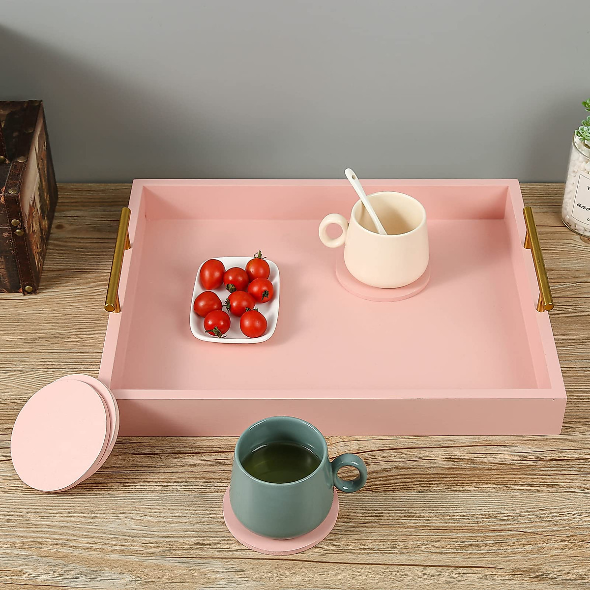Juleduo Serving Tray, Deluxe Tray for Coffee Table with Polished Metal Handles and 4 Coasters, Living Room Bathroom Coffee Bar Organizer Modern Decorative Tray, for Storage and Display (Pink)
