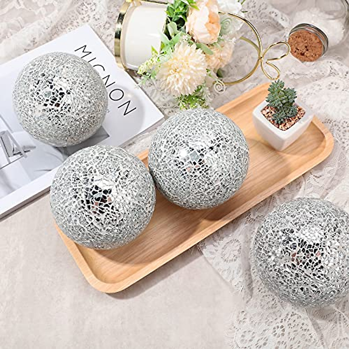 Patelai 6 Pieces 4 Inch Mosaic Sphere Balls Decorative Glass Balls Decorative Orbs Table Centerpiece Balls Round Glass Ball Bowl Filler for Bowls Vases Dining Coffee Table Decor (Silver)