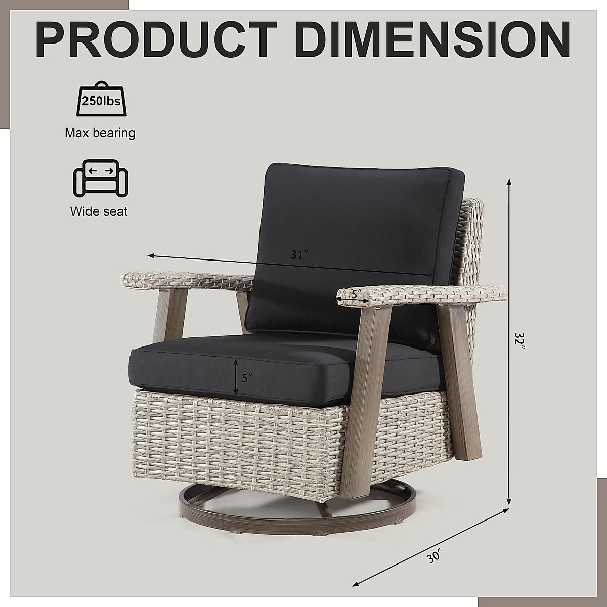 Gardenbee Patio Chair - Outdoor 360 Degree Swivel Rocker Chair with Durable Fabric Cushion and Ergonomic Structure, Upgraded Patio Wicker Chair, Black(Grey/Black)