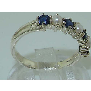 LetsBuyGold 925 Sterling Silver Cultured Pearl & Sapphire Womans Eternity Ring - Size 4
