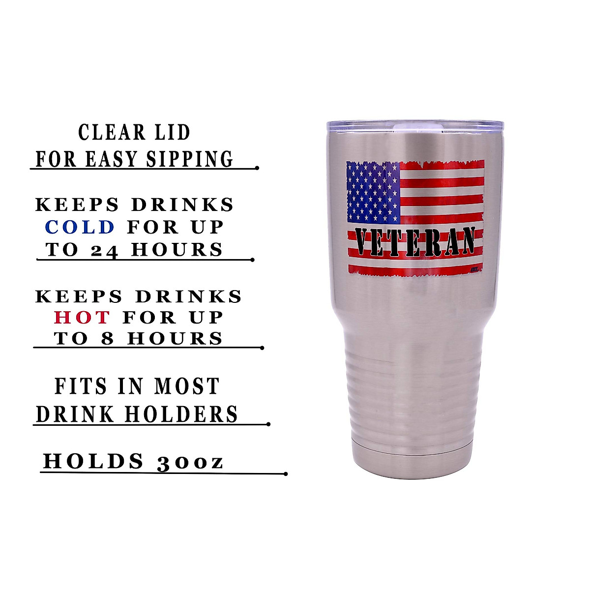 Rogue River Tactical USA Flag Military Veteran 30 Oz.Travel Tumbler Mug Cup w/Lid Vacuum Insulated Hot or Cold