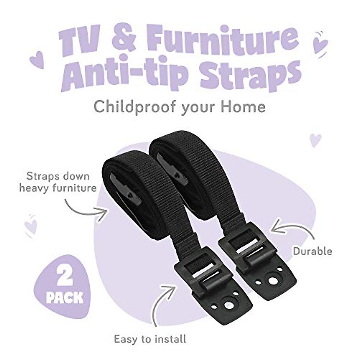 Baby Proof Furniture Safety Straps, Adjustable Wall Anchors and Earthquake Straps for Bookshelf and TV Stand, Baby Safety Products by Ashtonbee, Pack of 2