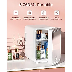 Skincare Fridge - Makeup Fridge With Dimmable LED Light Mirror, 4L Mini Fridge for Bedroom, Car, Office & Dorm, Cooler & Warmer, Portable Small Refrigerator for Cosmetics, Skin Care and Food, White