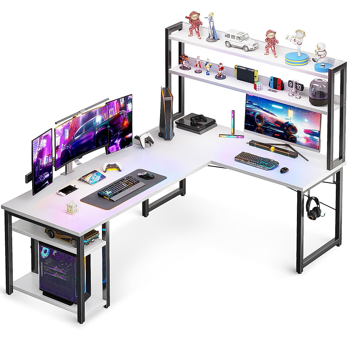 ODK L Shaped Gaming Desk with Hutch, Computer Desk with Storage Shelves, 66" L Shaped Desk for Home Office, Corner Desk with Headphone Hook, White
