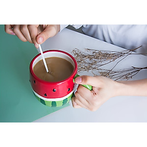 AwakingWaves Hand Painted Ceramic Tea Cups with Funny Watermelon-shaped Designs for Sister/Women/Mom, Novelty Green Travel Mug for Milk, Kawaii Gift Suitable for Dishwasher and Microwave (18 oz)