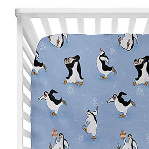 Cartoon Animal Fitted Crib Sheet,Skating Funny Penguins Fun Activity Cheerful Smiling Mascots Cute Couple Microfiber Silky Soft Toddler Mattress Sheet Fitted,28"x 52"x 8'',Baby Sheet for Boys Girls