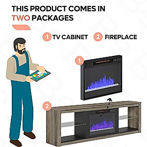 Bestier Fireplace TV Stand for 75 inch TV with 23 inch Electric Fireplace, 70 inch Entertainment Center with LED Light, Glass Shelves for Living Room, Wash Gray