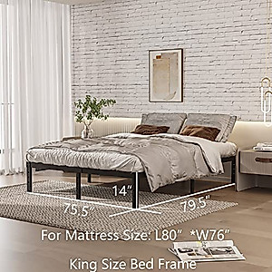 Oliway King Size Bed Frame, Heavy Duty 3500lbs Steel Slat Support, Easy Assembly, Noise Free, No Box Spring Needed, Mattress Foundation, Underbed Storage Space, 14 Inches Tall, Black